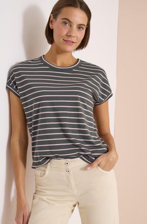 Cecil Rundhalsshirt CECIL, Damen, Gr. XXL (46), khaki, Web, 50% Baumwolle, 50% Modal, gestreift, comfort fit normal, Rundhals, abgesteppt, Shirts Rundhalssh