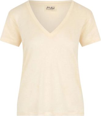 MC2 Saint Barth Femme, Tops, Beige, Taille: 38 FR Eloise T-shirt en lin &agrave; col en V