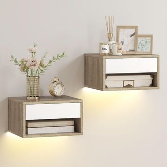 HOMCOM 2er-Set schwebende Nachttische mit RGB-LED-Leuchten APP-Steuerung, Nachttische f&uuml;r Schlafzimmer mit Schublade, offenes Regal, f&uuml;r Wohnzimmer, 37x32x21