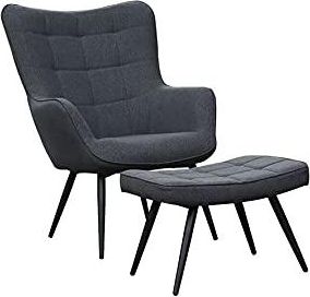 Byliving Sessel mit Hocker UTA/Polstersessel und Fu&szlig;hocker/Gestell in schwarz/Relaxsessel/Polsterhocker/Set (Webstoff, Dunkelgrau)