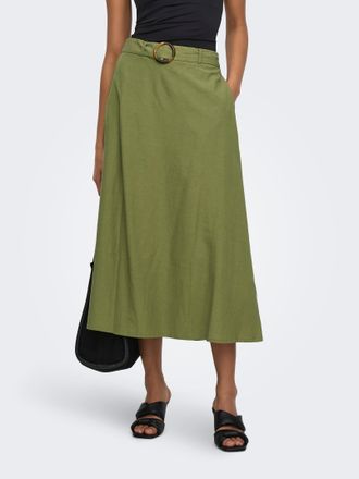 Jacqueline de Yong Maxirock JDY JDYMILAN LINEN HW BELTED SKIRT WVN DIA, Damen, Gr. XS, olive drab, Web, Obermaterial: 45% Baumwolle, 35% Viskose, 20% Leinen, unifarben, 