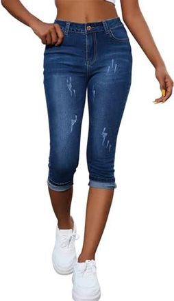 Onsoyours Jean Capri Femme Pantacourt Été Taille Haute Jean 3/4 Décontracté Pantacourt Jeans Casual Jeggings Pants Capri Pantacourt B Bleu Foncé L