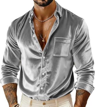 Generic Chemise habill&eacute;e en velours &agrave; manches longues pour homme - Chemise formelle boutonn&eacute;e pour affaires, bal, f&ecirc;te, mariage, gris, 3XL