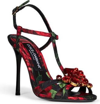 Dolce & Gabbana Rose-Print Brocade Heel Sandal - Multicolor