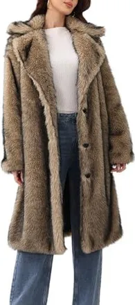 ZhuiKun Manteau Long Femme en Fausse Fourrure avec Poches Trench Chaud Hiver &agrave; Col Revers Veste Longue &Eacute;l&eacute;gante Coupe-Vent - Marron, L