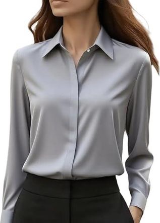 Generic Chemisier en satin élégant à manches longues boutonné pour femme, gris, XXL
