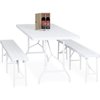 Relaxdays Ensemble table pliante et 2 bancs, pour jardin, pavillon ou camping, effet bois, 180 cm, blanc - Relaxdays