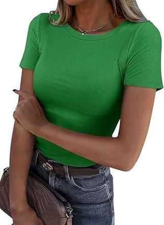 Generic Chemises &agrave; manches courtes en tricot c&ocirc;tel&eacute; pour femme, col rond, t-shirt basique en tricot c&ocirc;tel&eacute;, tenues d&eacute;t&eacute; tendance, Vert, XXL