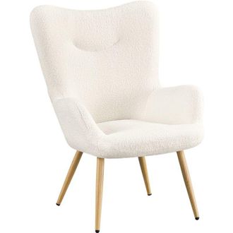 Yaheetech Fauteuil de Salon avec Repose-pieds en Tissu Bouclette Fauteuil &agrave; Oreilles Design El&eacute;gant Pieds Dor&eacute;s en M&eacute;tal pour Chambre Bureau Blanc - Yaheetech