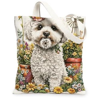 Generic Sac fourre-tout en toile r&eacute;utilisable avec motif de chien bichon fris&eacute; printanier 33 x 38,1 cm, sac d&eacute;picerie r&eacute;utilisable pour femme, ferme, animal d