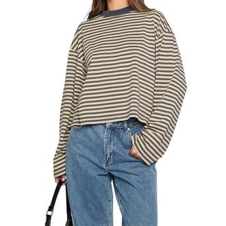 Generic Chemise ray&eacute;e &agrave; manches longues pour femme Y2K surdimensionn&eacute;e col rond vintage automne-hiver &eacute;paules tombantes mignon pull preppy, t-shirts, Rayures 
