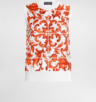 Dolce & Gabbana Tanktop Aus Seide Und Twill Mit Majolika-print - Frau T-shirts Und Sweatshirts Multicolor 50