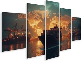 Islandburner Bild auf Leinwand Containerschiff bei Nacht vor Einer leuchtenden Weltkarte Bilder Wandbilder Poster