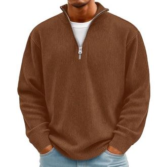 Generic Pull pour homme avec demi-fermeture &eacute;clair sans capuche en velours c&ocirc;tel&eacute; d&eacute;contract&eacute; &agrave; col montant T-shirt &agrave; manches longues confortable Pull de trav