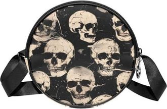 Generic Petit sac &agrave; bandouli&egrave;re circulaire pour femme, motif cr&acirc;nes, petit sac &agrave; dos &agrave; bandouli&egrave;re avec fermeture &eacute;clair, bretelles r&eacute;glables, sac &agrave; main rond