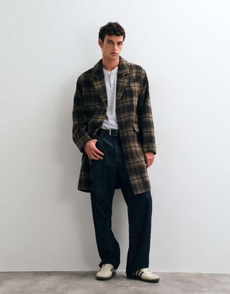 Asos manteau long en m&eacute;lange de laine &agrave; carreaux neutres