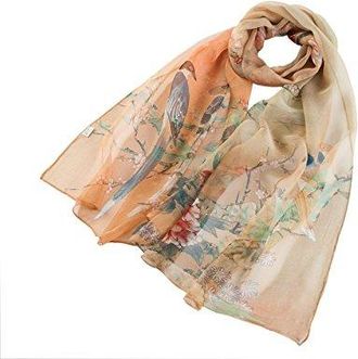 SIGNARE 100% Foulard en soie Oiseau et fleur - Beige