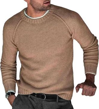 Generic Pulls d&eacute;contract&eacute;s &agrave; col Ras du Cou pour Hommes, Pulls en Tricot Classique Doux, &agrave; Manches Longues, Pull l&eacute;ger Bord c&ocirc;tel&eacute;, Camel, Taille XL