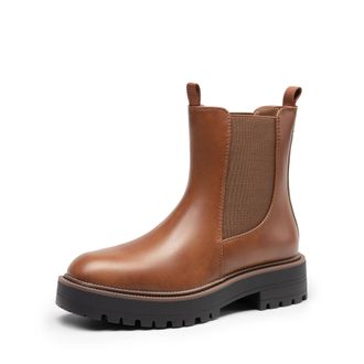 Dream Pairs Damen Chelsea Stiefeletten mit quadratischer Zehenpartie, modisch, mit niedrigem Absatz, Rutschfester Sohle, Herbst-Booties Schuhe,Size 38.5,Braun-Pu,