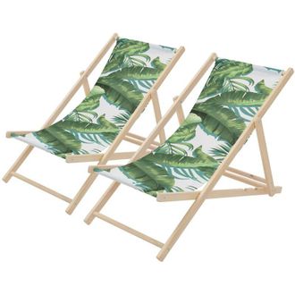 ECD Germany ECD Germany 2er Set Liegestuhl klappbar Tropical Gr&uuml;n-Wei&szlig;, aus Holz, Sonnenliege mit verstellbarer R&uuml;ckenlehne, Strandliege bis 120 kg, Gartenliege
