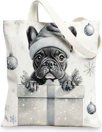 Generic Sac fourre-tout en toile de No&euml;l avec bouledogue fran&ccedil;ais pour le shopping, 33 x 38 cm, cadeau de No&euml;l de luxe, sac d&eacute;picerie r&eacute;utilisable pour femme,