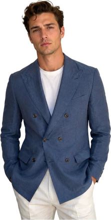 Dolce & Gabbana Homme, Costumes, Bleu, Taille: XL Veste en Lin Crois&eacute;e Taormina