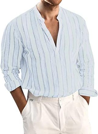 Generic Chemise de plage en lin et coton &agrave; manches longues pour homme - L&eacute;ger et confortable - Avec imprim&eacute;s ray&eacute;s - Coupe droite - Respirant - V&ecirc;tements quot