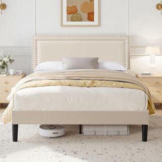 VECELO Doppelbett, gepolstert, 140 x 190 cm, Plattformrost mit Lattenrost aus robustem Holz, Veloursstoff, einfache Montage, Beige