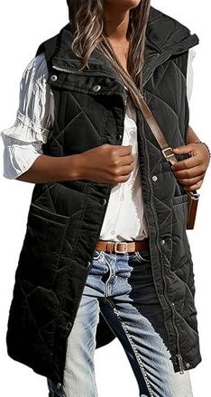 Generic Gilet long matelass&eacute; sans manches avec fermeture &eacute;clair et bouton pression pour femme - Couleur unie - Coupe ajust&eacute;e, Noir, L