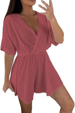 Generic Combinaison d&eacute;t&eacute; &agrave; manches courtes pour femme - Combinaison de sortie pour femme - Col en V - Combinaisons habill&eacute;es avec manches courtes - Salopette 