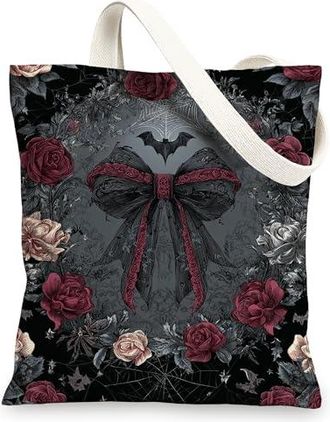 Generic Sacs fourre-tout gothiques en toile à motif floral élégant, motif rose foncé, sacs dépicerie réutilisables, vintage, effrayant, léger, lavable, noir, 