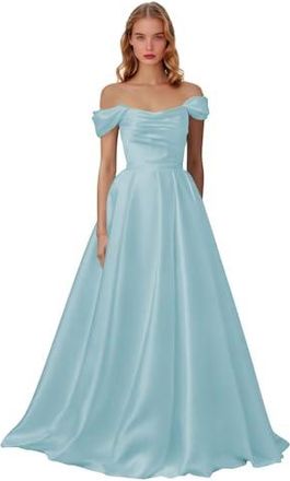 Generic Robe de bal longue fronc&eacute;e en satin &agrave; &eacute;paules d&eacute;nud&eacute;es pour femme avec poches, bleu b&eacute;b&eacute;, 36