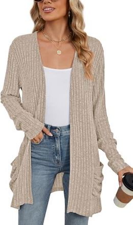 Feoya Femme Cardigan Ouvert Manches Longues Gilet Casual Chaud Gilet Manche Longue Adulte Femme Veste Ouverte Automne Beige XL