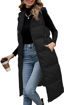 Fengbay Oversize Damen Steppweste Lang mit Kapuze Knielang Ärmellos Winterweste Daunenfüllung Leicht Warm Übergangsweste für Herbst und Winter