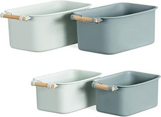 Navaris Panier Rangement Salle de Bain - Lot de 4X bac de Rangement avec poign&eacute;e en Bois - Corbeille Organisateur Cuisine Placard Chambre