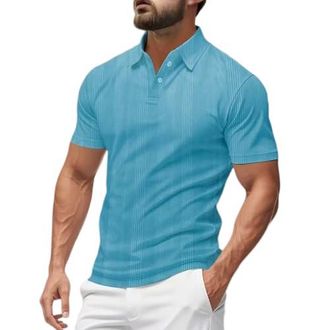 Generic T-shirt d&eacute;t&eacute; d&eacute;contract&eacute; pour homme, couleur unie, manches courtes, revers, bleu clair, XXL
