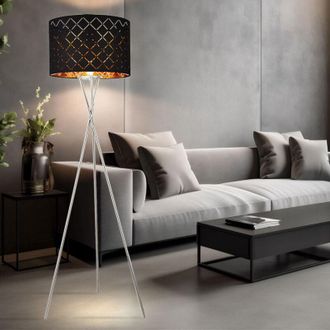 Globo Lighting Stehlampe Textilschirm schwarz gold Beistellleuchte 3 Bein Stativleuchte Textil, Nickel matt, E27 Fassung, DxH 62x158 cm