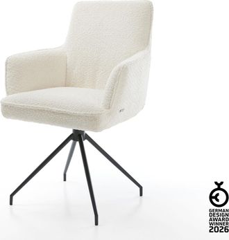 DELIFE Drehstuhl Heira-Flex mit Armlehnen Boucl&eacute; Wei&szlig; Kreuzgestell konisch Schwarz 180&deg; drehbar Taschenfederkern, Esszimmerst&uuml;hle