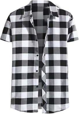 Generic Chemise &agrave; carreaux pour homme, chemise &agrave; manches courtes, col standard, chemise boutonn&eacute;e vers le bas avec poche poitrine, coupe d&eacute;contract&eacute;e, t-shirt