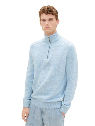 Tom Tailor Herren Troyer Strickpullover aus Baumwolle, washed out middle blue mouline, XL