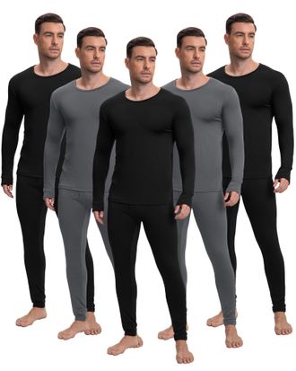 Patelai 5 Sets Herren Thermounterw&auml;sche Fleece Base Layer Set Winter Base Layer Kaltes Wetter Top Bottom, Retro-Schwarz, Retro-Grau, X-Large