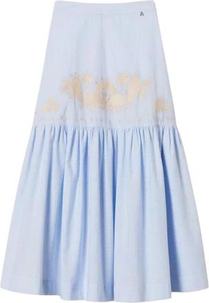 Twinset Femme, Jupes, Bleu, Taille: 42 FR Long Striped Skirt with Flounce and Embroidery