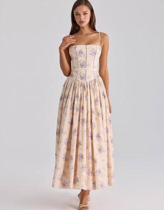 House of CB Ysabella - Midi-Sommerkleid aus Baumwolle in Elfenbeinwei&szlig; mit s&uuml;&szlig;em Pfingstrosenmuster