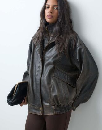Asos bomber en cuir v&eacute;ritable &agrave; double &eacute;paisseur en marron d&eacute;lav&eacute;