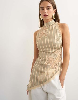 Topshop top premium dos nu avec d&eacute;tail en dentelle contrastante &agrave; rayures vertes