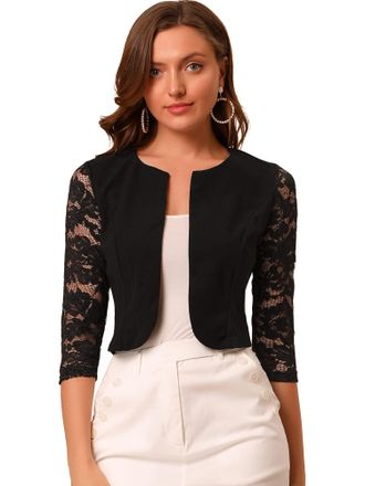 Allegra K Damen Festlich Spitze Bolero 3/4 &Auml;rmel Rundhals Durchsichtig Shrug Elegant J&auml;ckchen Schwarz S