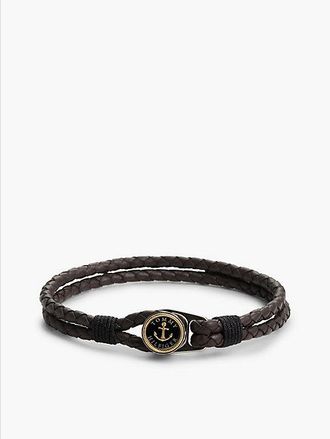 Tommy Hilfiger Bracelet en cuir marron &agrave; breloque nautique plaqu&eacute; or
