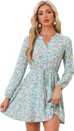 Allegra K Femmes Robe Chemise Vintage Imprim&eacute; Floral Col V Boutonn&eacute; Taille &Eacute;lastique Bleu Clair S