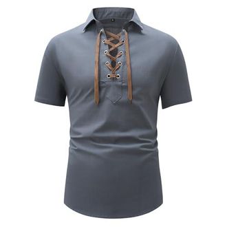 Generico Chemise de loisirs r&eacute;tro en coton pour homme, &agrave; manches longues, avec lacets, style m&eacute;di&eacute;val, viking et pirate, pour d&eacute;guisements dHalloween, gris, XX