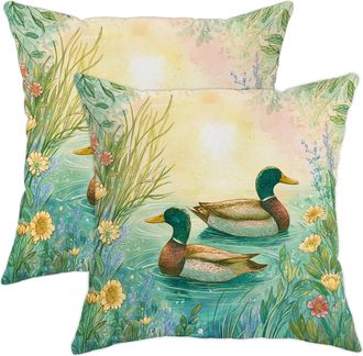 Generic Fr&uuml;hlings-Enten-Kissenbez&uuml;ge, buntes Stockenten-Blumenmuster, dekorative Kissen f&uuml;r Zuhause, Sofa, Bett, Couch, 45,7 x 45,7 cm, 2 St&uuml;ck